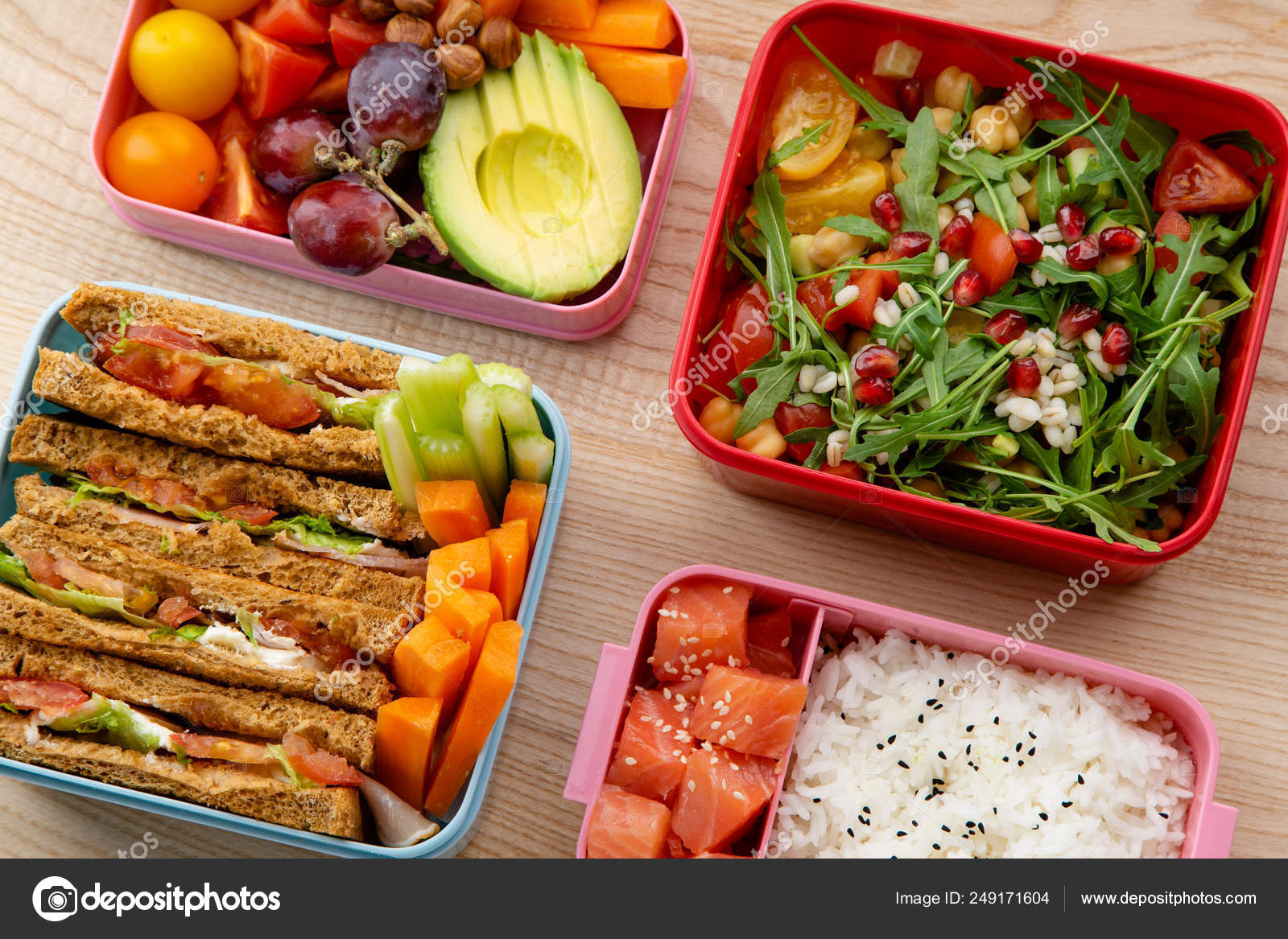 Creative Layout Healthy Lunch Dishes Bento Boxes Wooden Table Daily ...