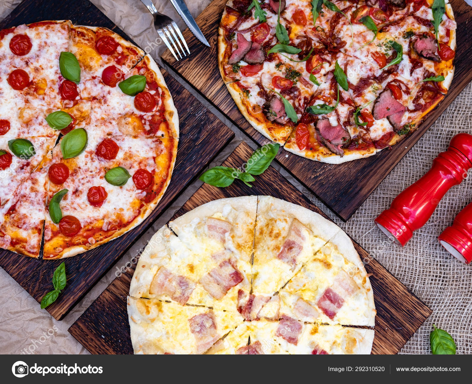 Three Pizzas Picture Carbonara Pizza Creamy Sauce Slices Bacon Wooden ...