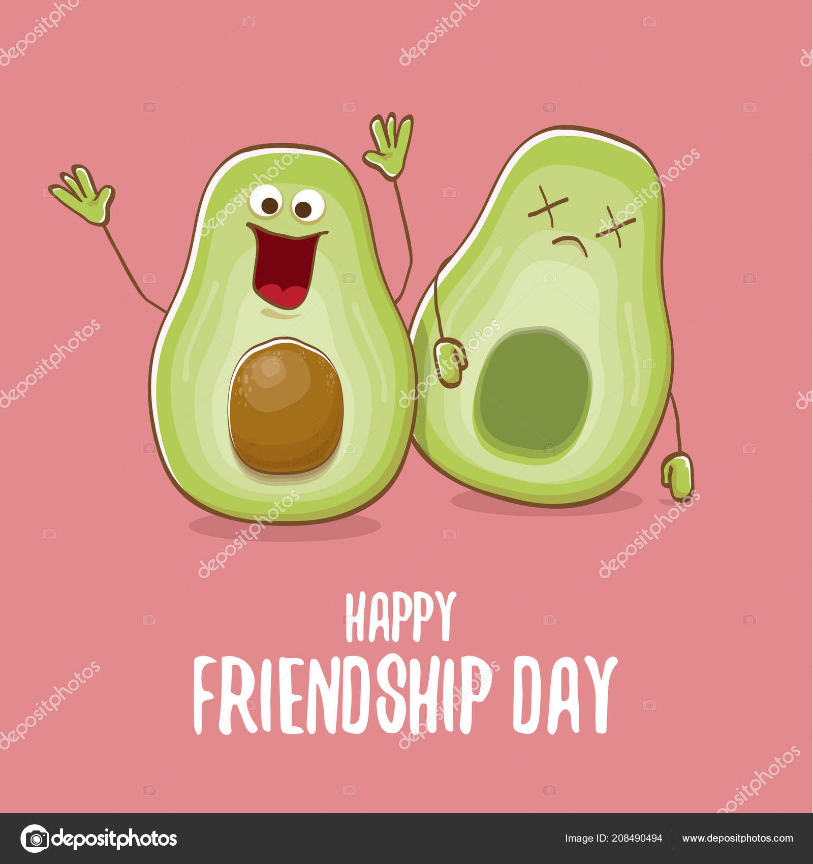 Happy friendship day cartoon comic greeting card with two green avocado ...
