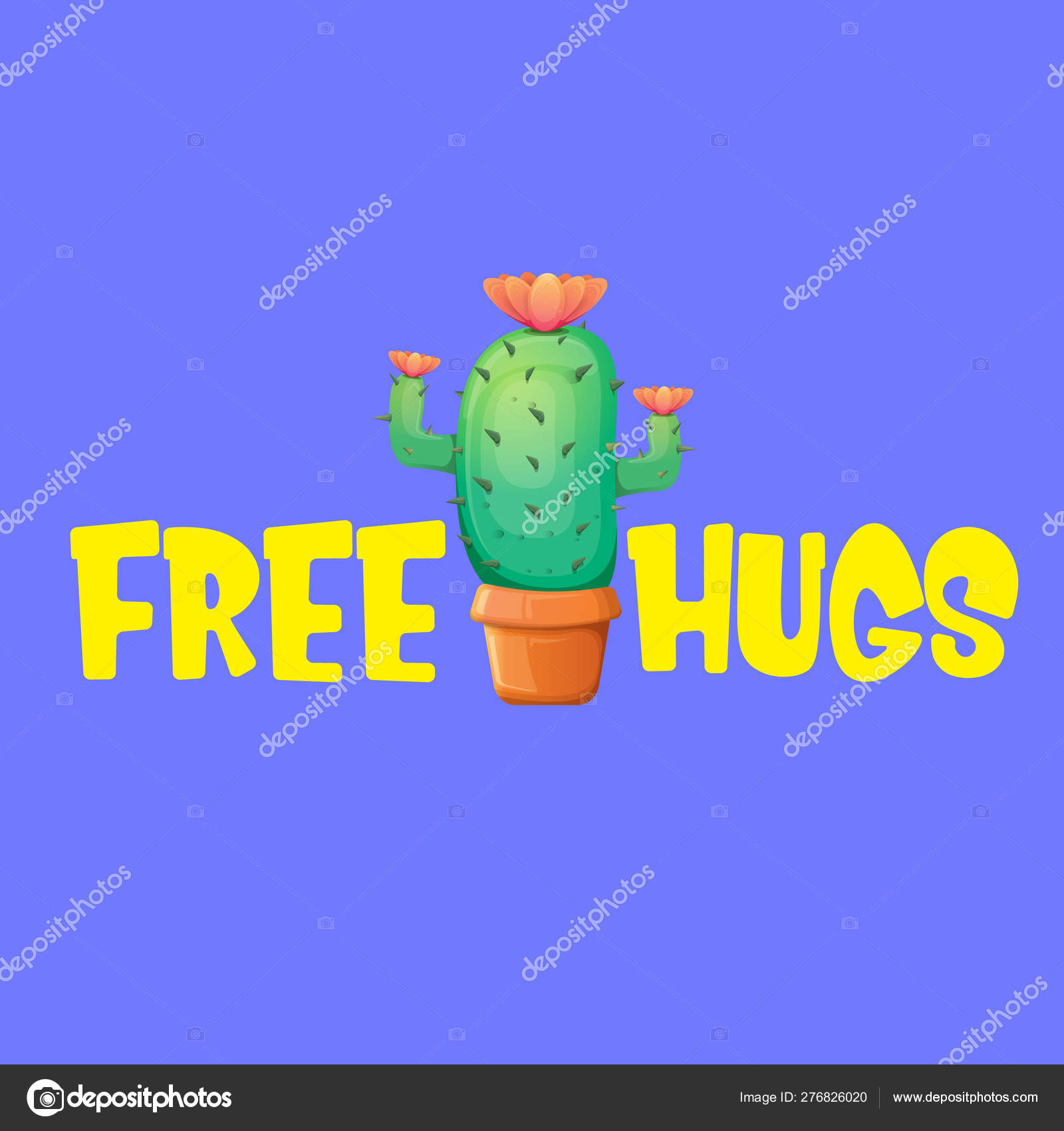 Free hugs text and cartoon green cactus in pot isolated on violet ...