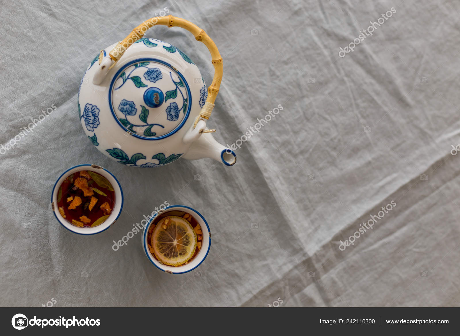Upper View Shot Herbal Tea Served White Blue Ceramic Cup — Stock Photo ...