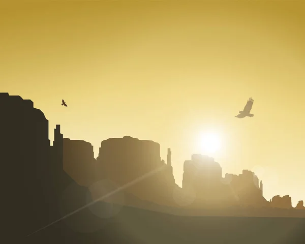 Western desert. Rocks. Flying eagles. Yellow sky. Rays of sun. - Stock ...