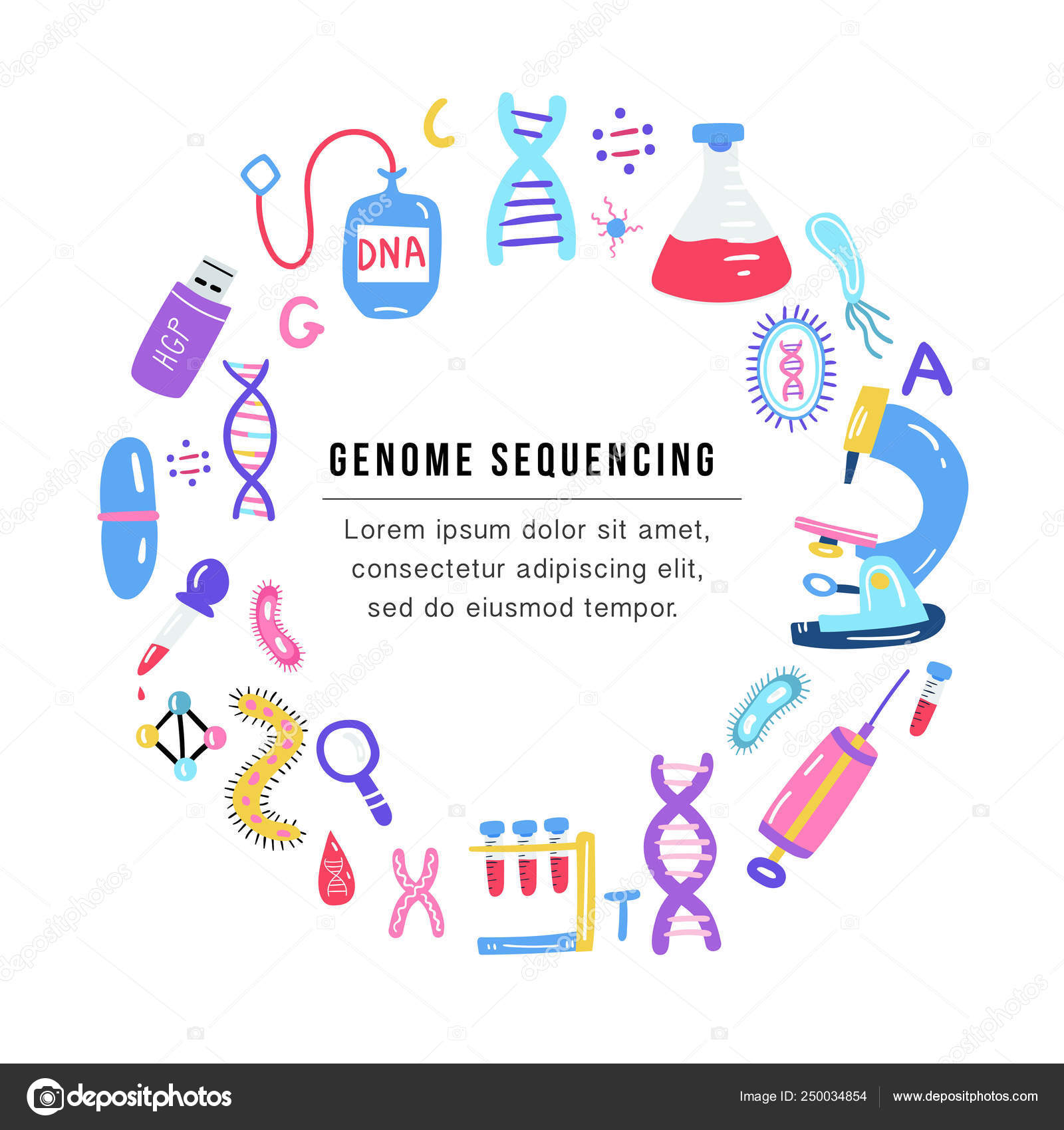 Concepto de secuenciación del genoma dibujado a mano. Símbolos humanos ...