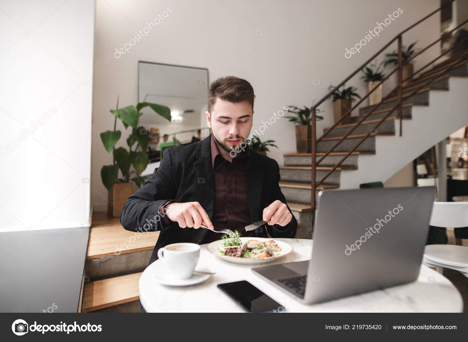 Business Man Eating Breakfast Restaurant Plate Salad Laptop Cup Coffee ...