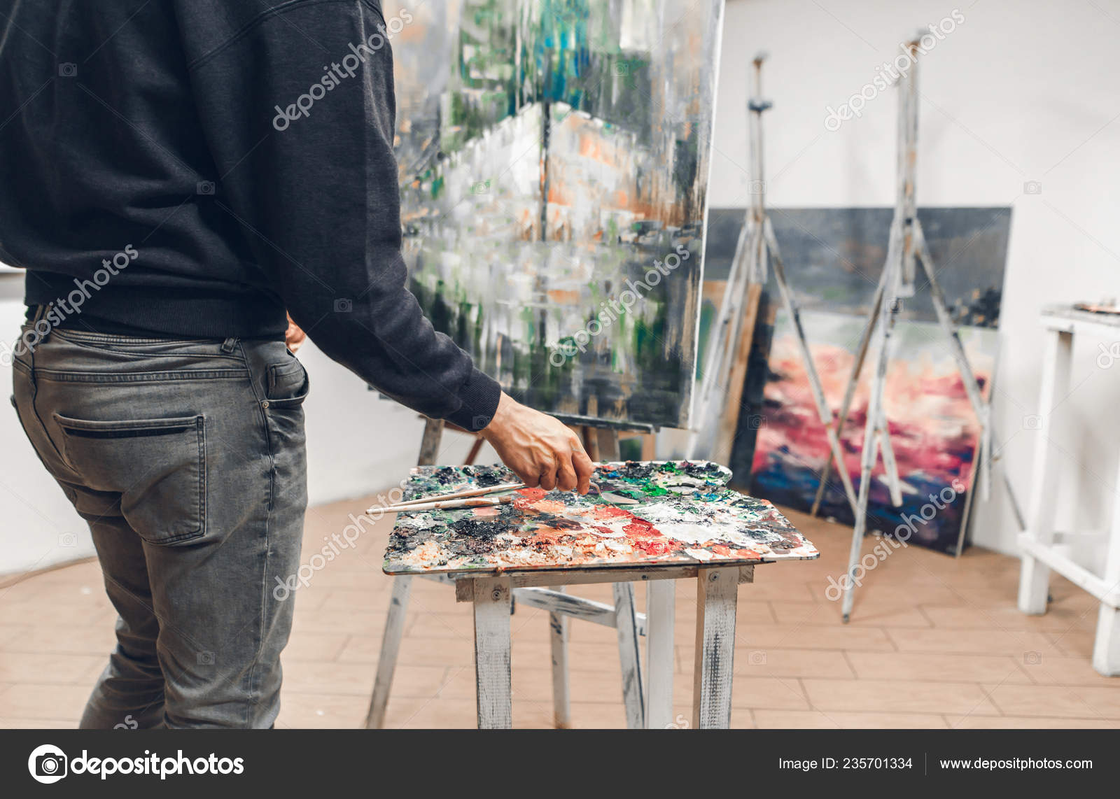 Artist Working Painting Studio Back — Stock Photo © bodnarphoto #235701334