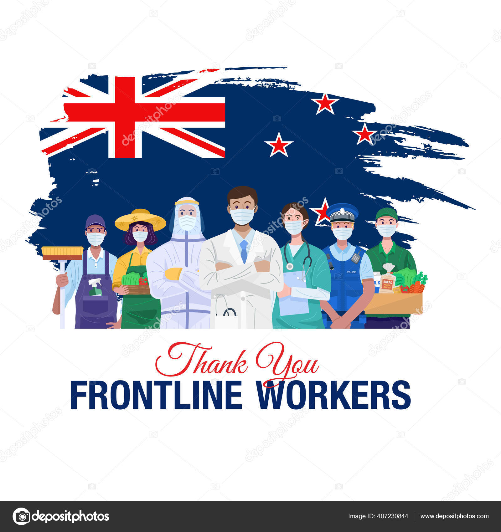 Thank You Frontline Workers Various Occupations People Standing Flag New Stock Illustration by ...