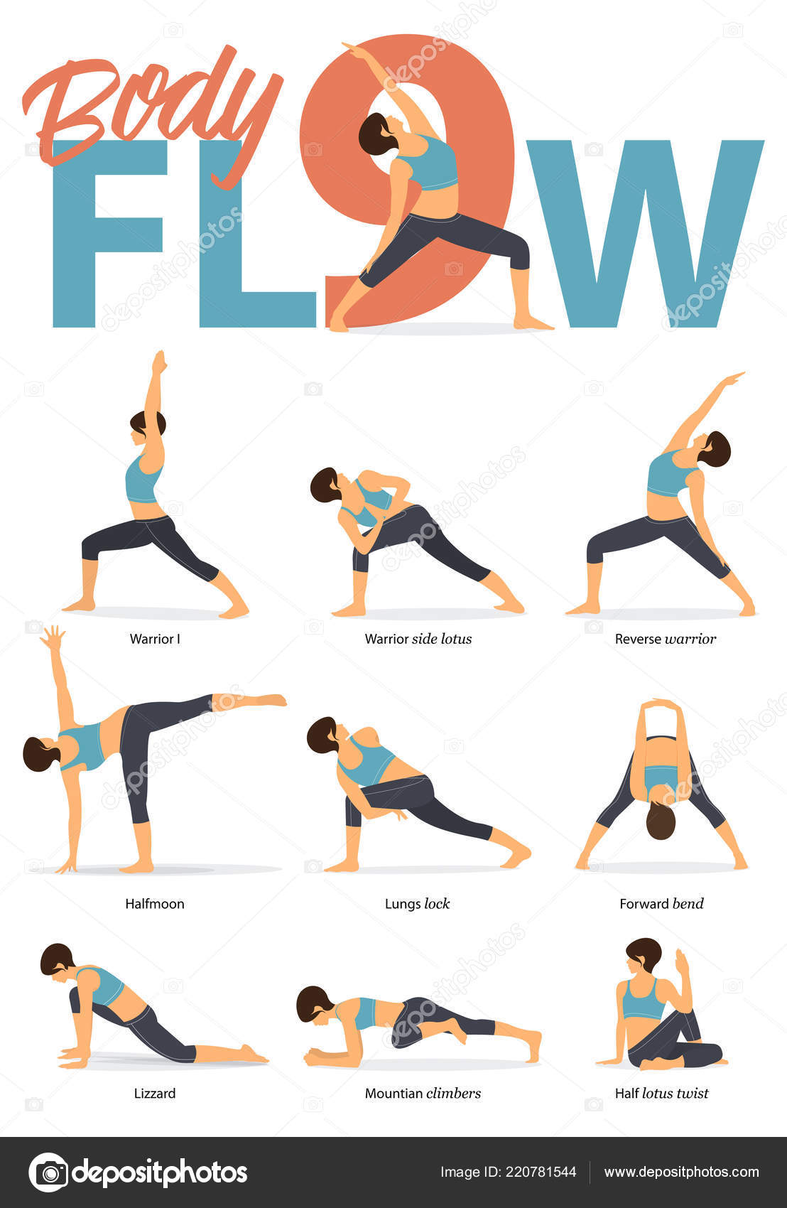 Set Yoga Postures Female Figures Infographic Yoga Poses Body Flow Stock ...