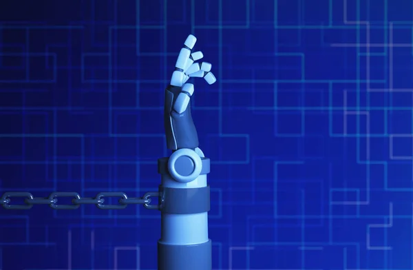 Robot hand in chain on blue background in futuristic technology concept ...