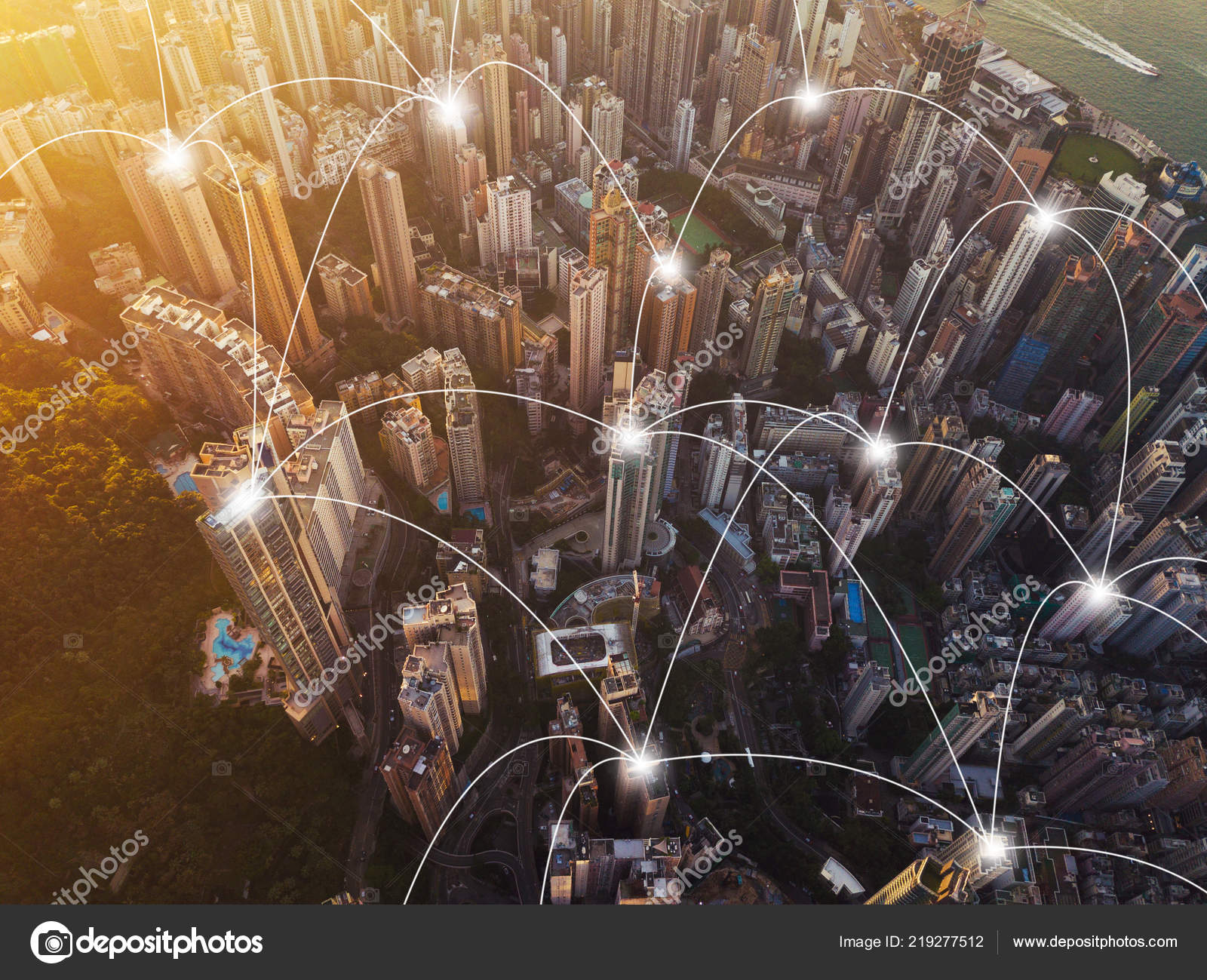 Digital Network Connection Lines Hong Kong Downtown Financial District ...