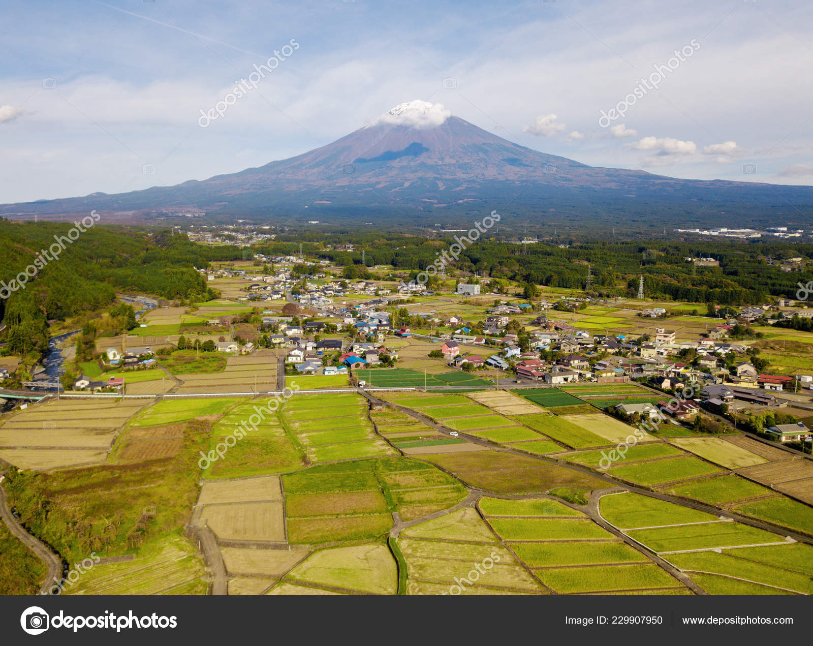 Aerial View Fuji Mountain Rice Field Noon Fujikawaguchiko Yamanashi ...