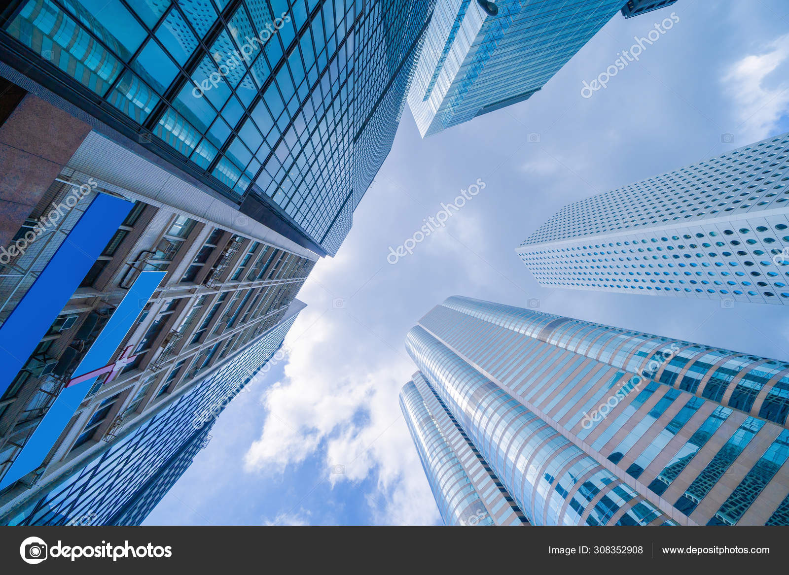 Looking up to high-rise office buildings, skyscrapers, architect ...