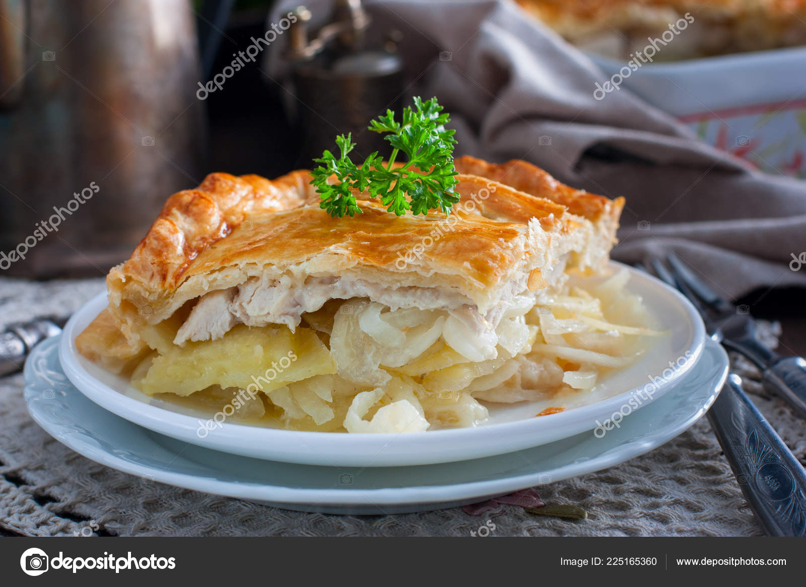 Sliced Puff Pastry Cake Chicken Potatoes Onions Selective Focus — Stock ...