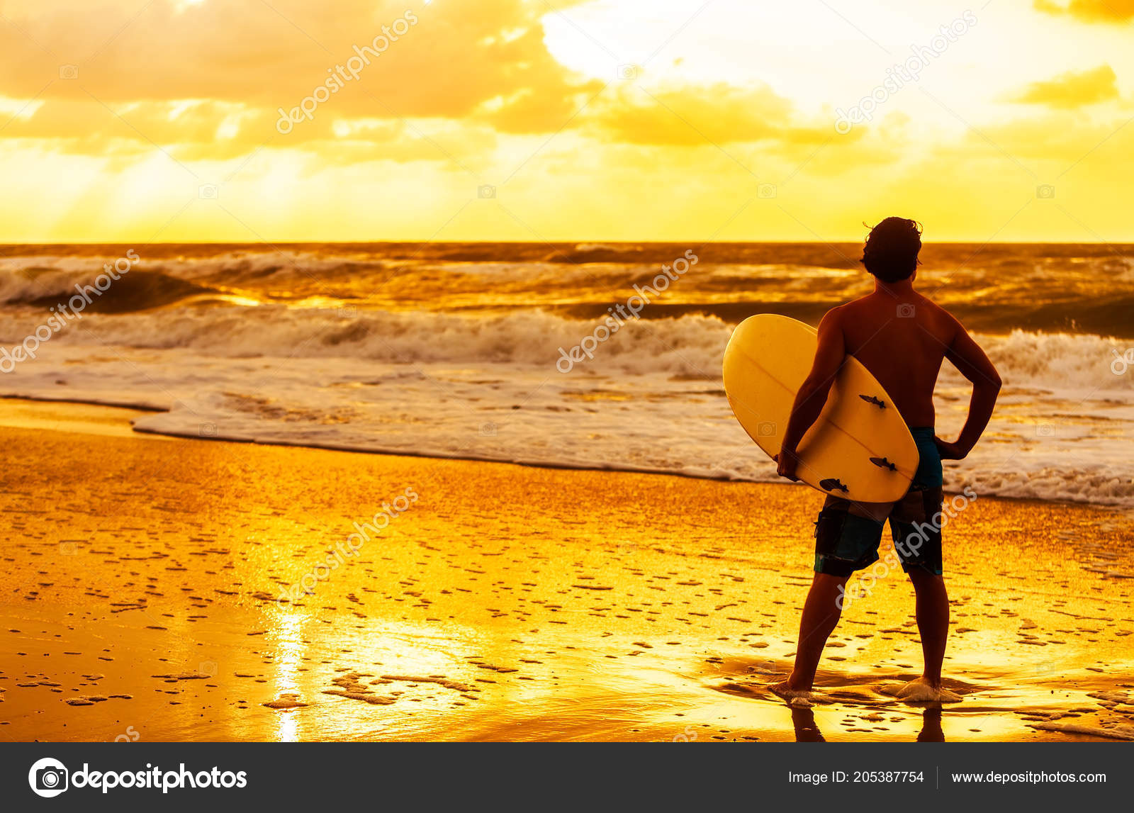 Saturated Stylised Rear View Young Man Male Surfer White Surfboard ...