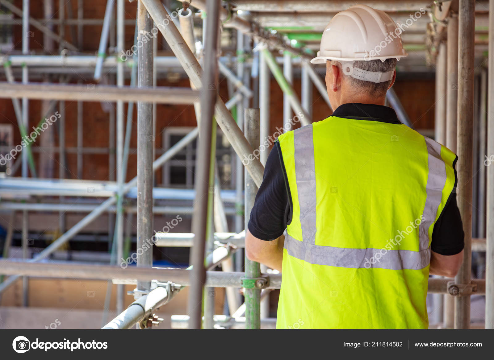 Rear View Male Builder Construction Worker Building Site Wearing Hard ...