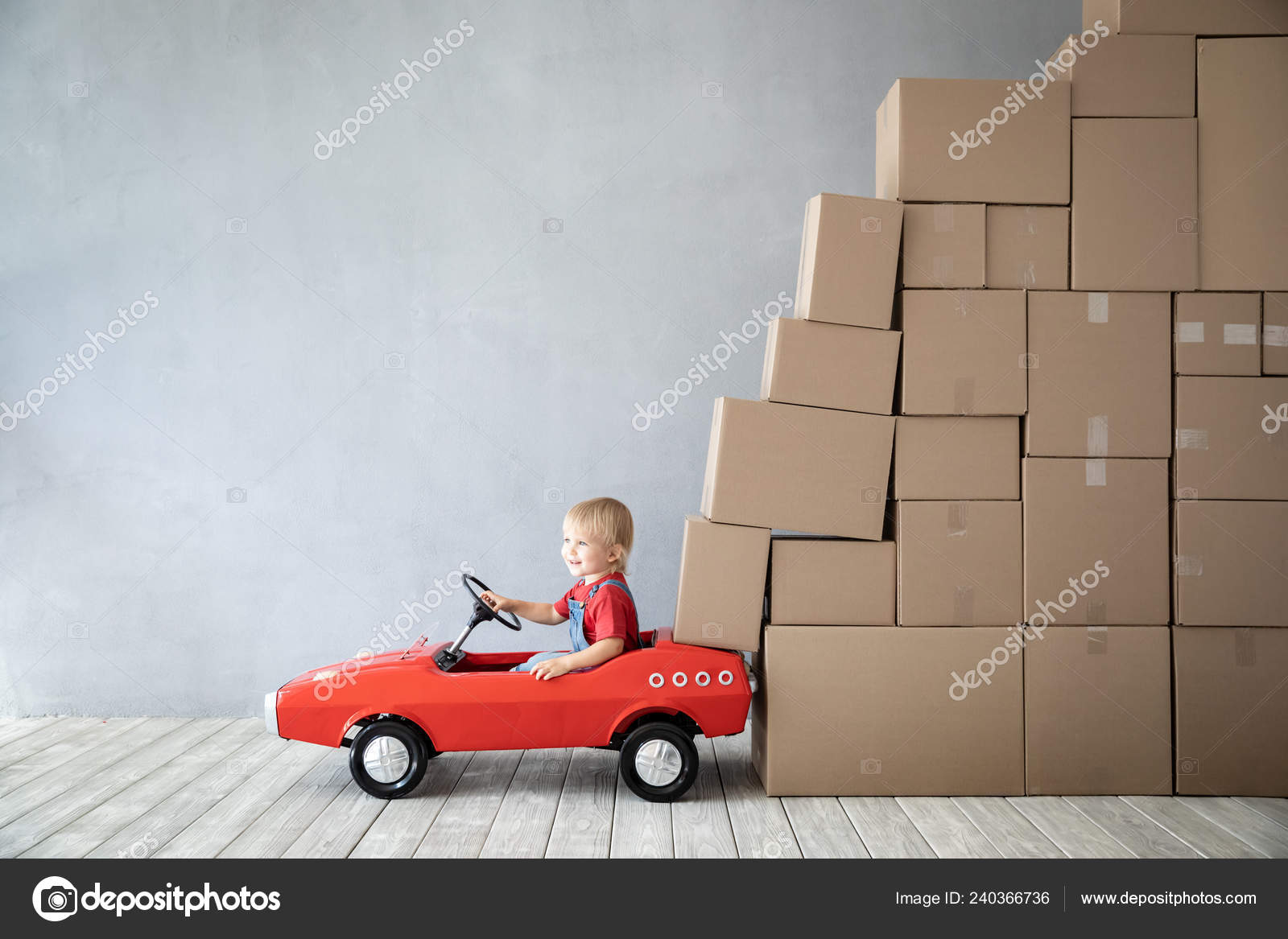 Happy Child Playing New Home Kid Driving Toy Car Moving — Stock Photo ...