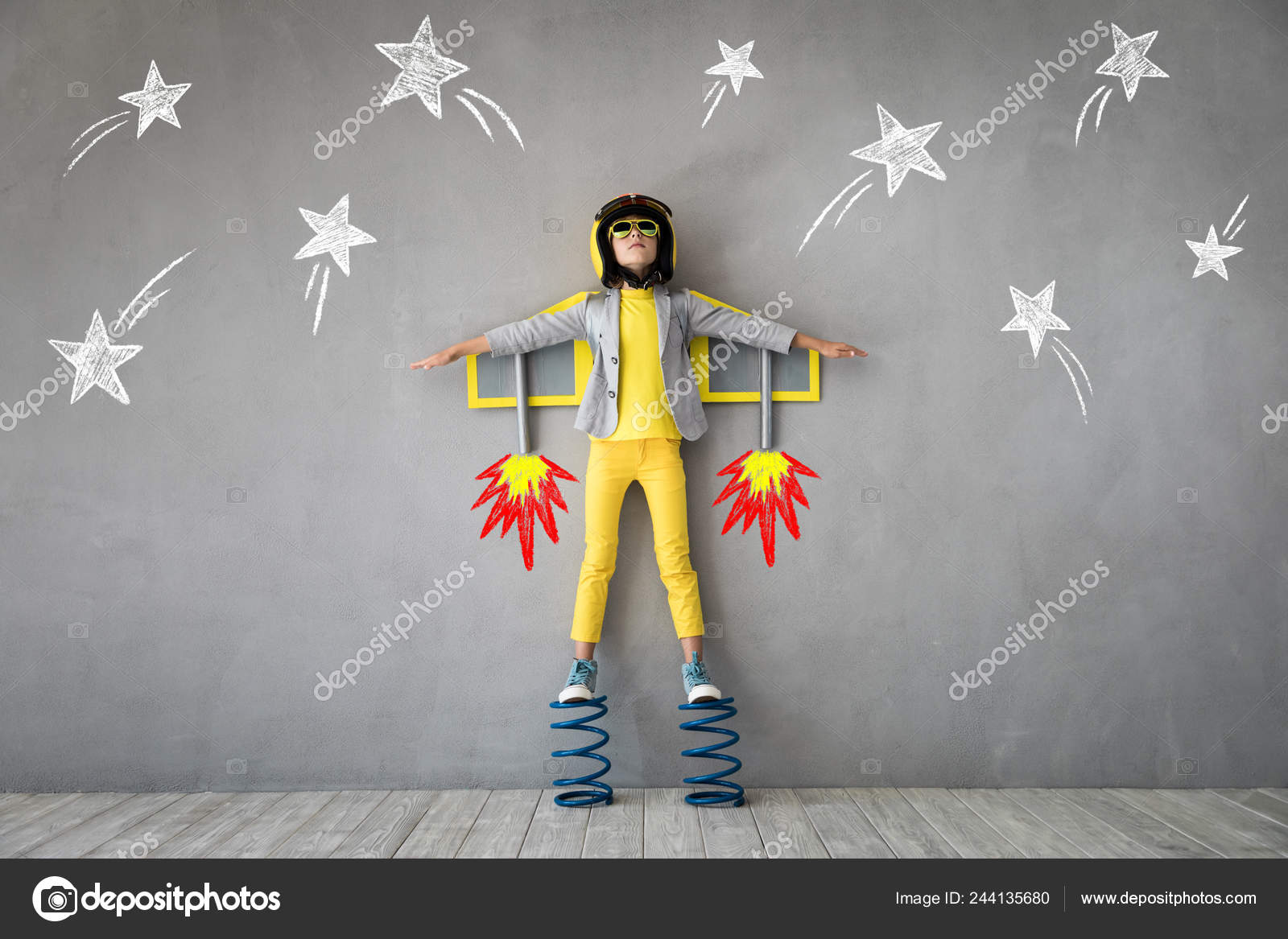 Happy Child Playing Toy Jet Pack Kid Pilot Ready Fly — Stock Photo ...