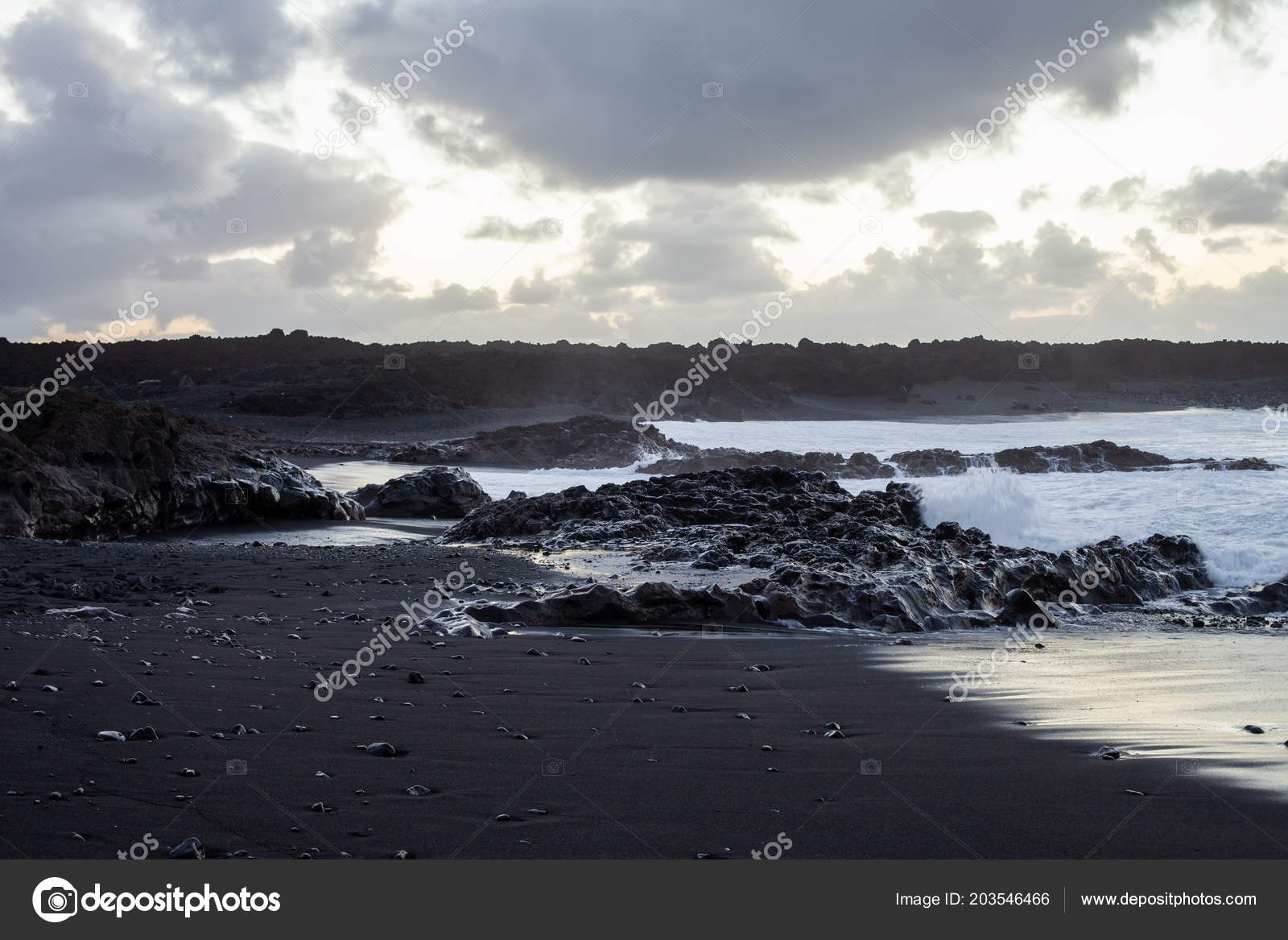 Black Sand Beach Lanzarote Sunset Canary Islands Spain Stock Photo by ...