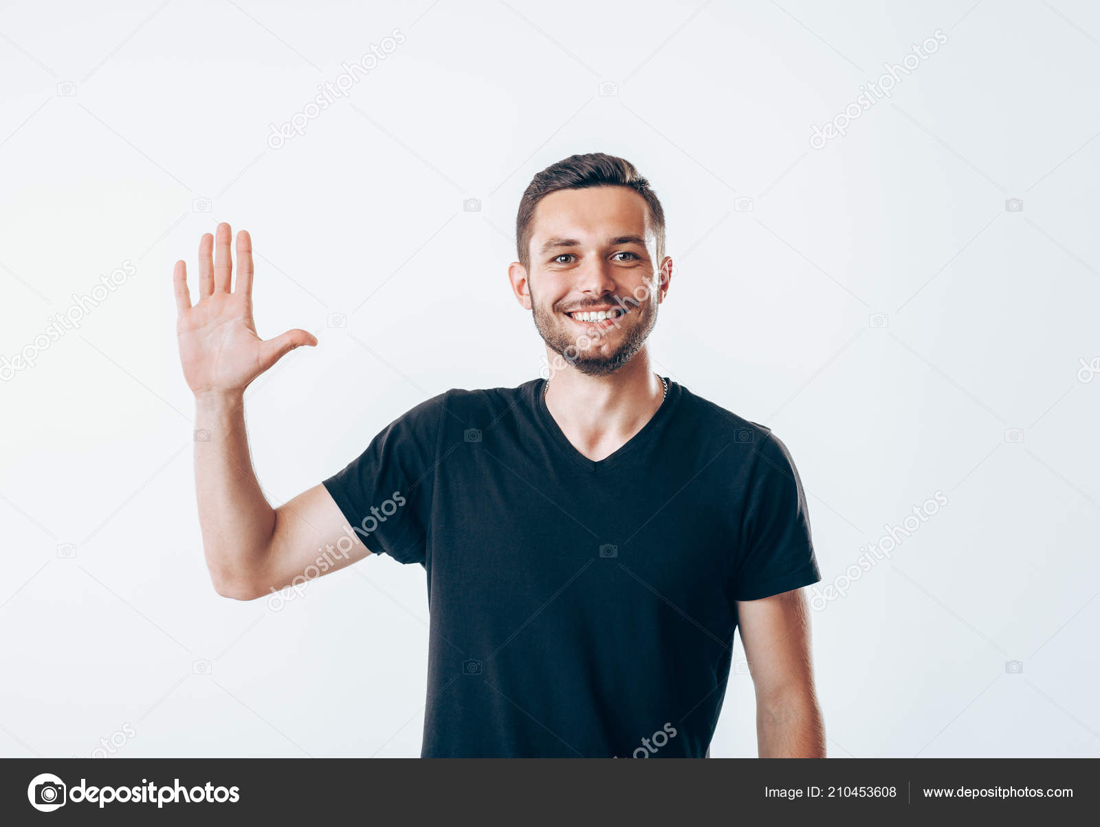Portrait Smiling Man Hand Raised Greeting High Five Concept — Stock ...