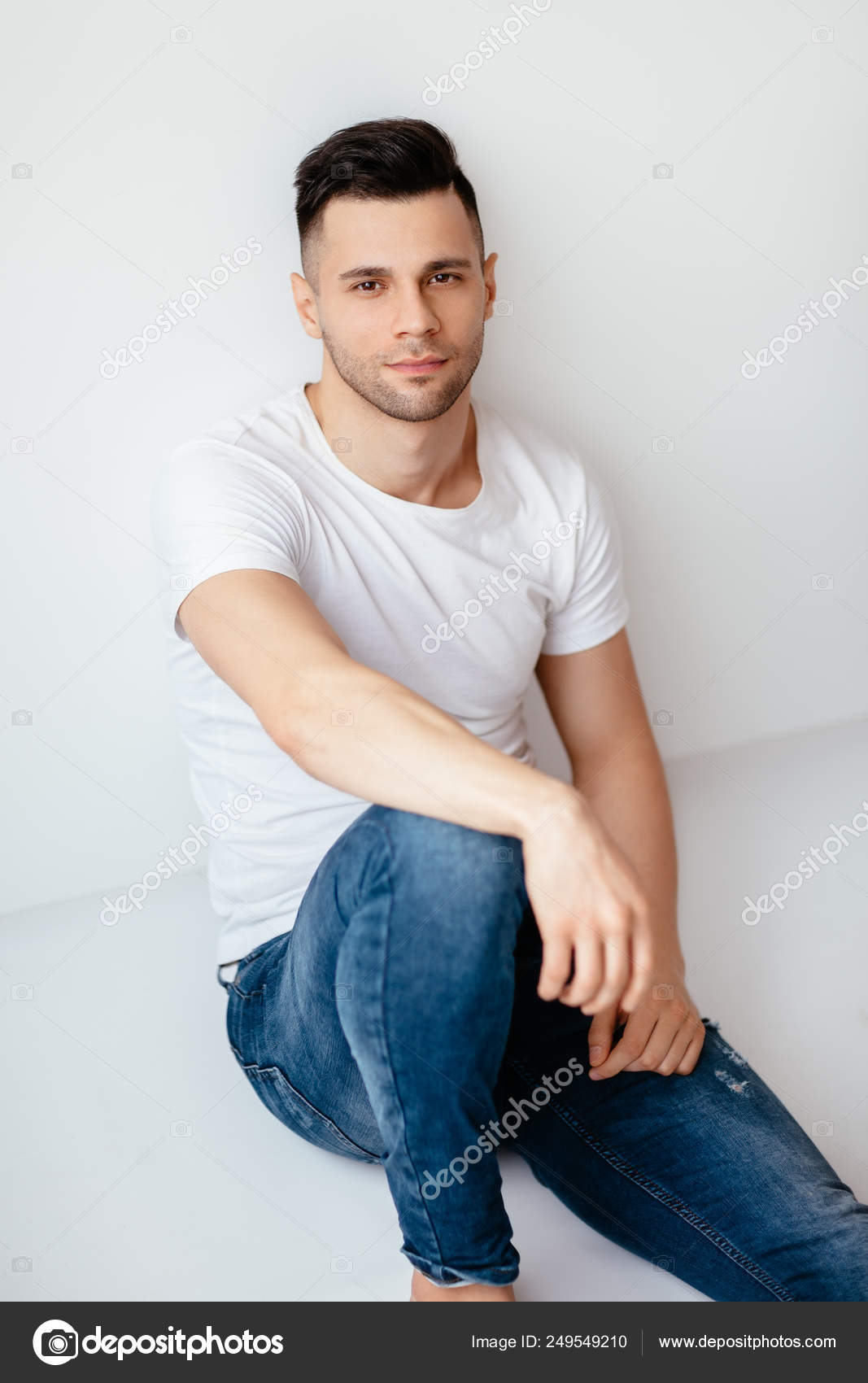 Handsome Stylish Man Portrait Relax Sitting Floor White Background