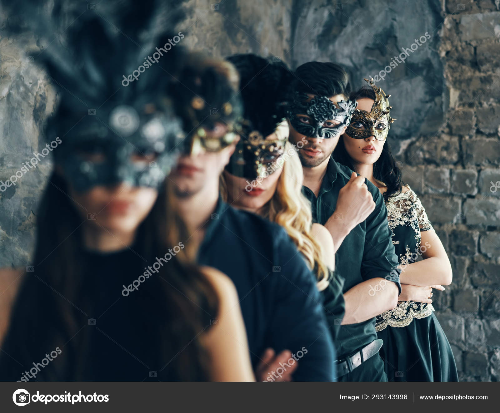 Group Young People Masquerade Carnival Masks Posing Studio Standing Row ...