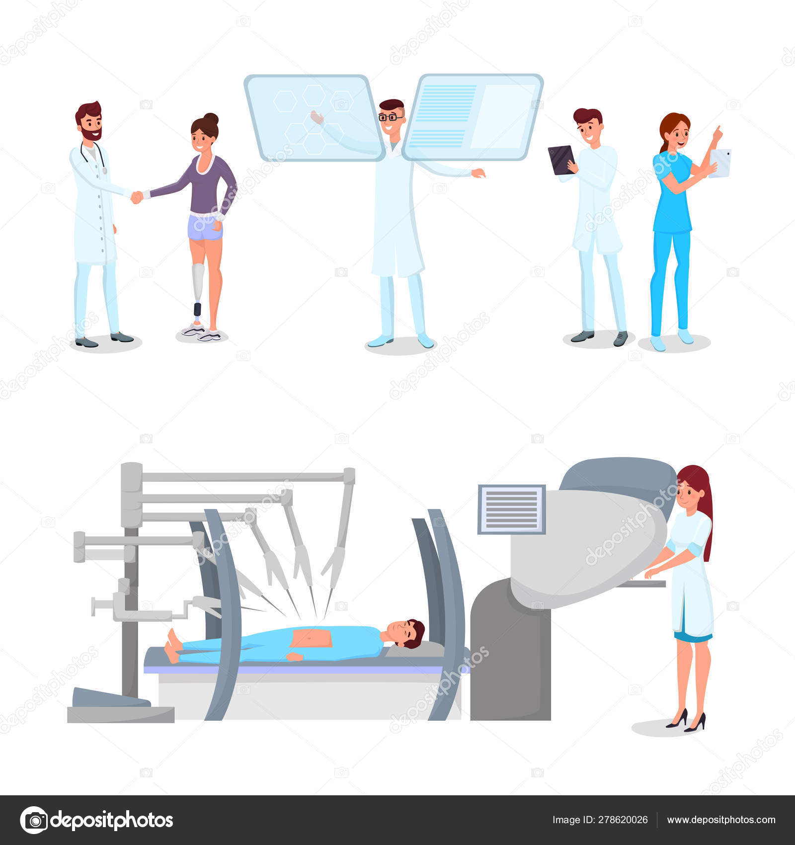 Medical innovations flat vector illustrations set. Hospital staff with ...