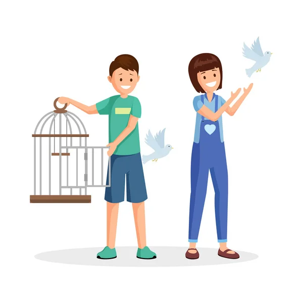 Activistas liberando a las aves de la ilustración vectorial plana ...