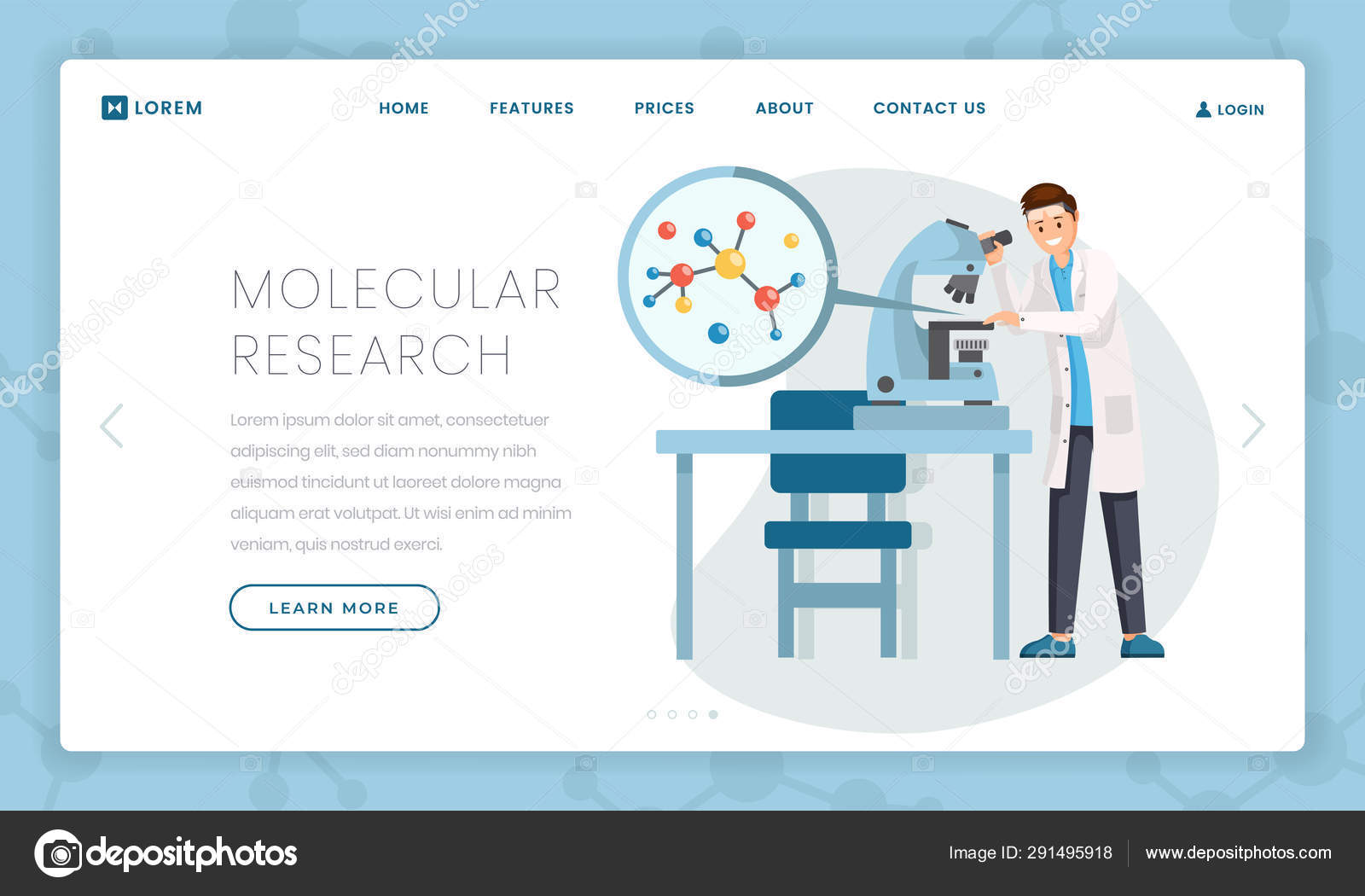 Molecular research flat landing page template. Cartoon scientist studying molecule structure in ...