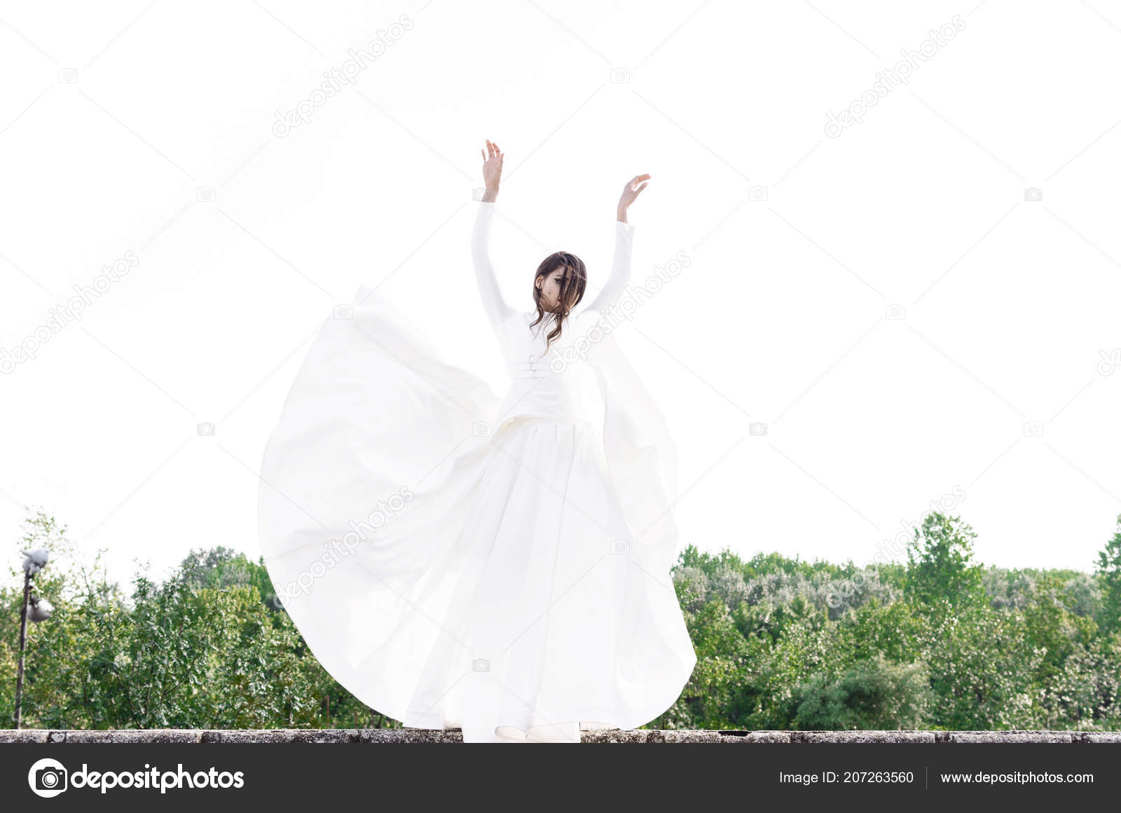 Beautiful Young Woman Posing Wind Nature Long White Dress Stock Photo ...