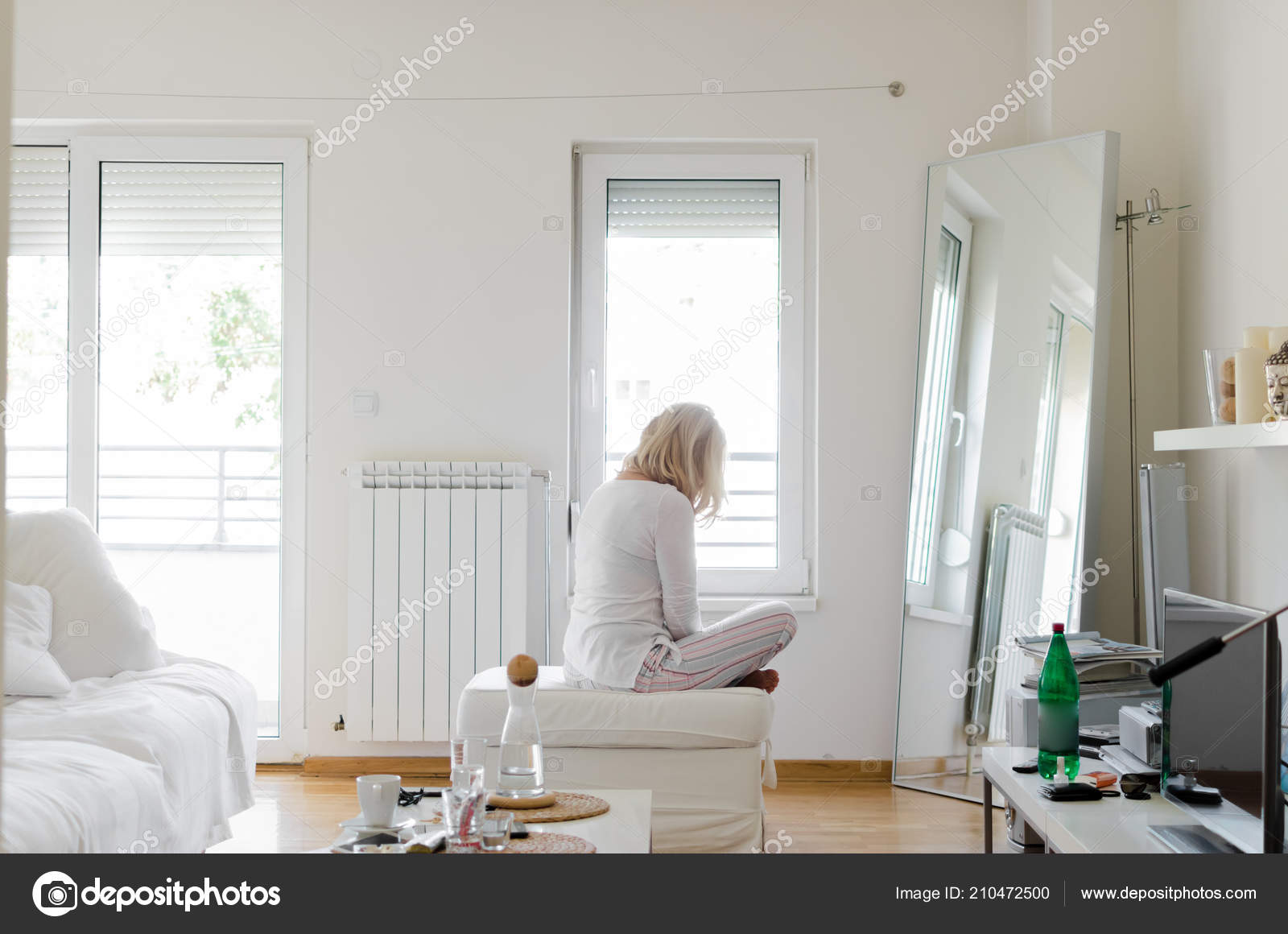 Senior Woman Sitting Front Mirror Feeling Depressed Stock Photo by ...