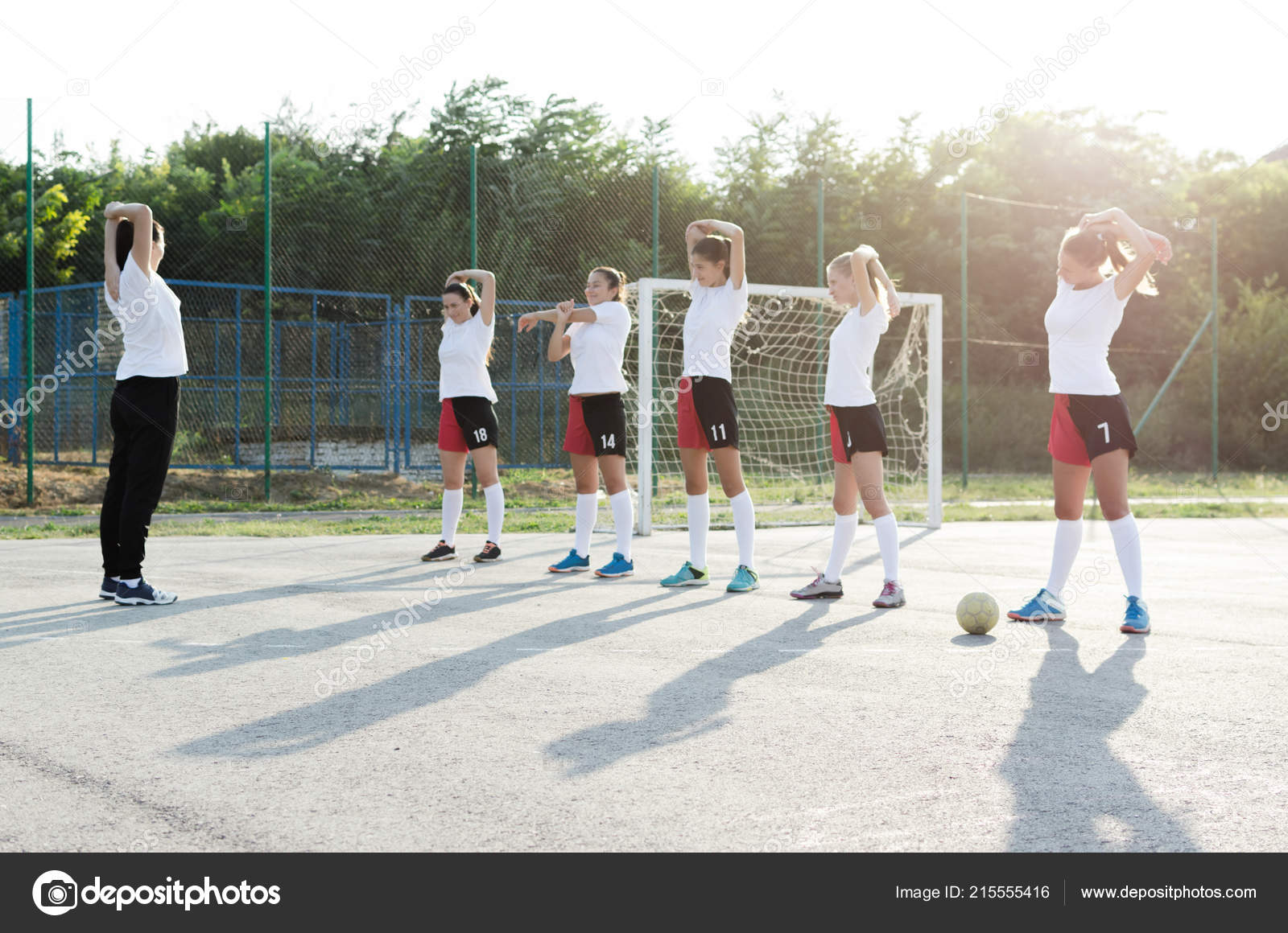 Young Handball Team Stretching Out Sport Ground — Stock Photo ...
