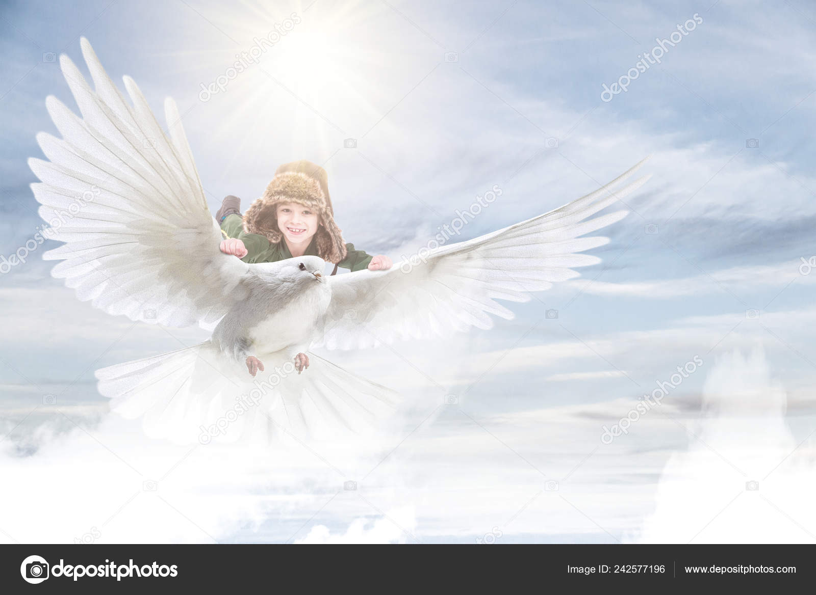 Cute Charming Little Boy Flying Wings White Bird Bright Sky Stock Photo ...