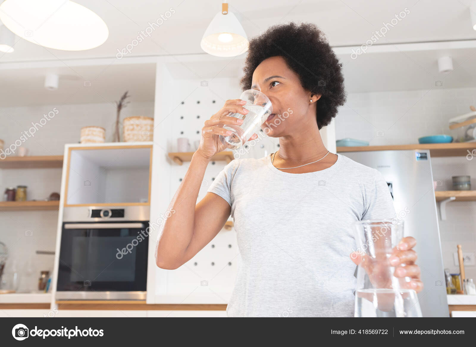 Woman Drinking Water Kitchen