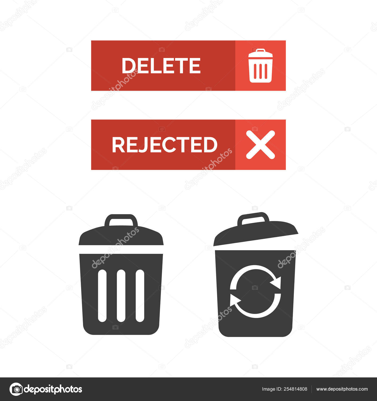 Rejected button and trash bin icon on white background. Stock Vector by ...