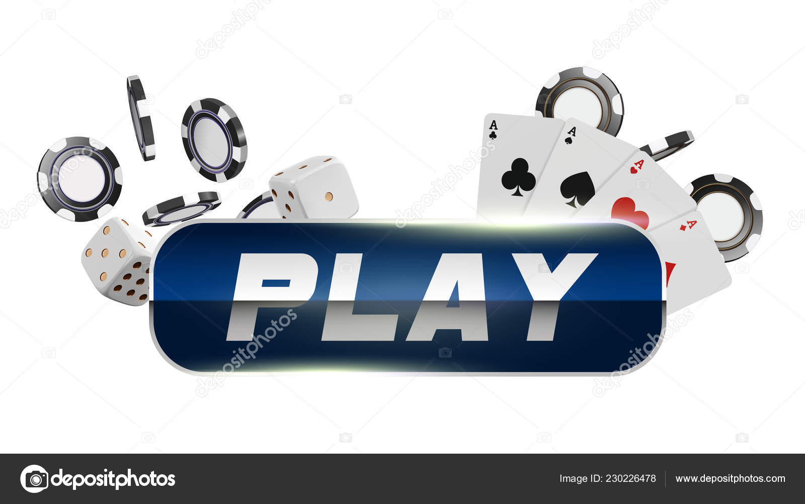 Blue round play button with metallic border on white background. Casino ...