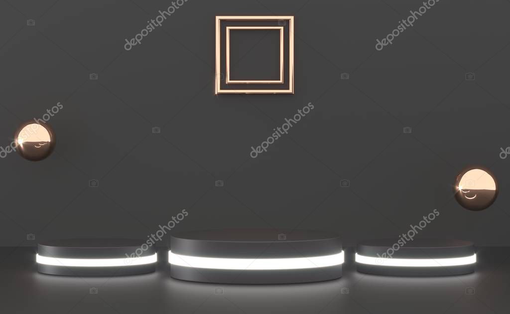 Podio redondo dorado, pedestal o plataforma, iluminado por proyectores ...