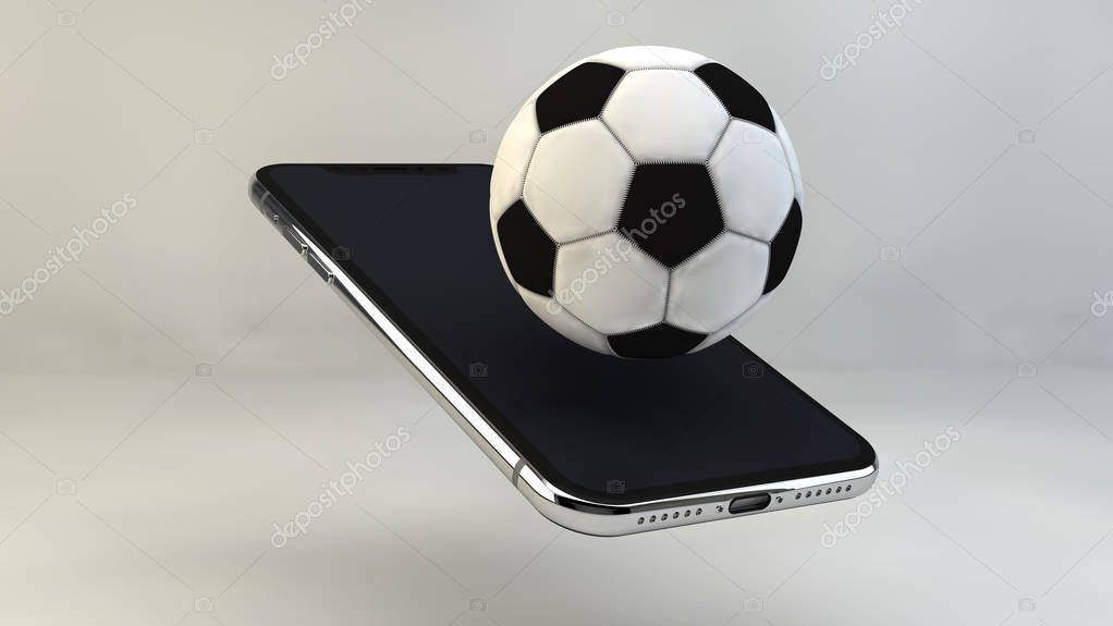 F tbol m vil. Campo de f tbol en la pantalla del tel fono inteligente y pelota. Concepto de ...