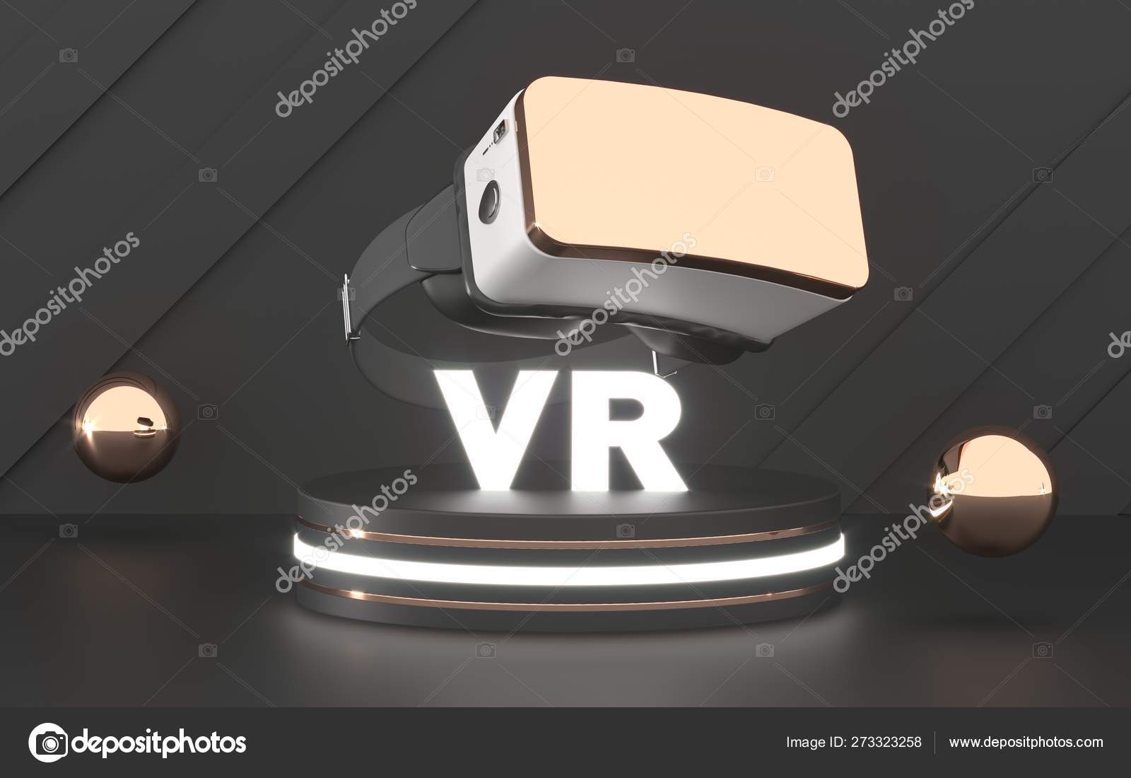 VR Glasses. Virtual reality headset device. Abstract black VR room with ...