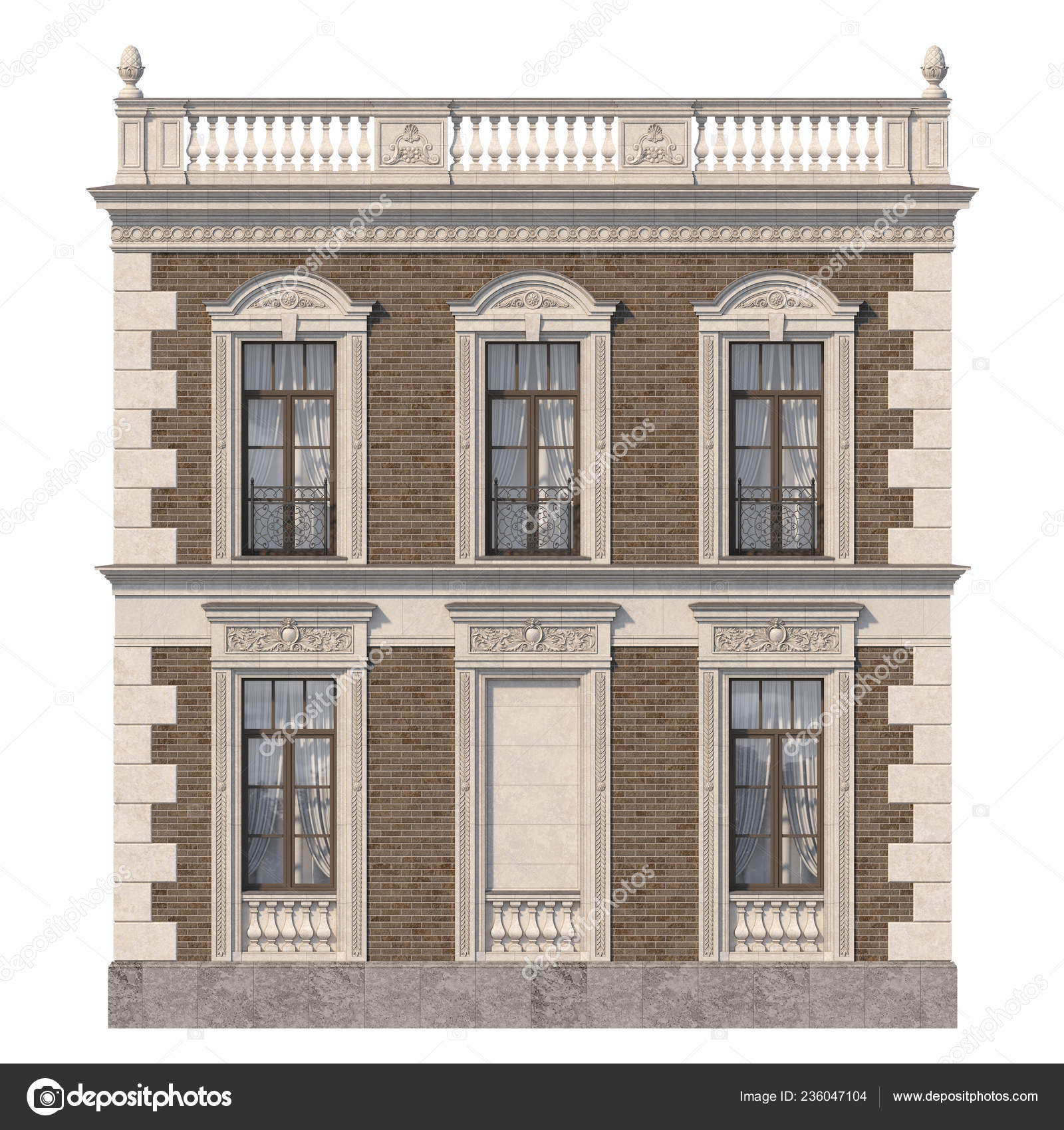 Facade House Classical Style Brown Brick Niche Windows Rendering ...