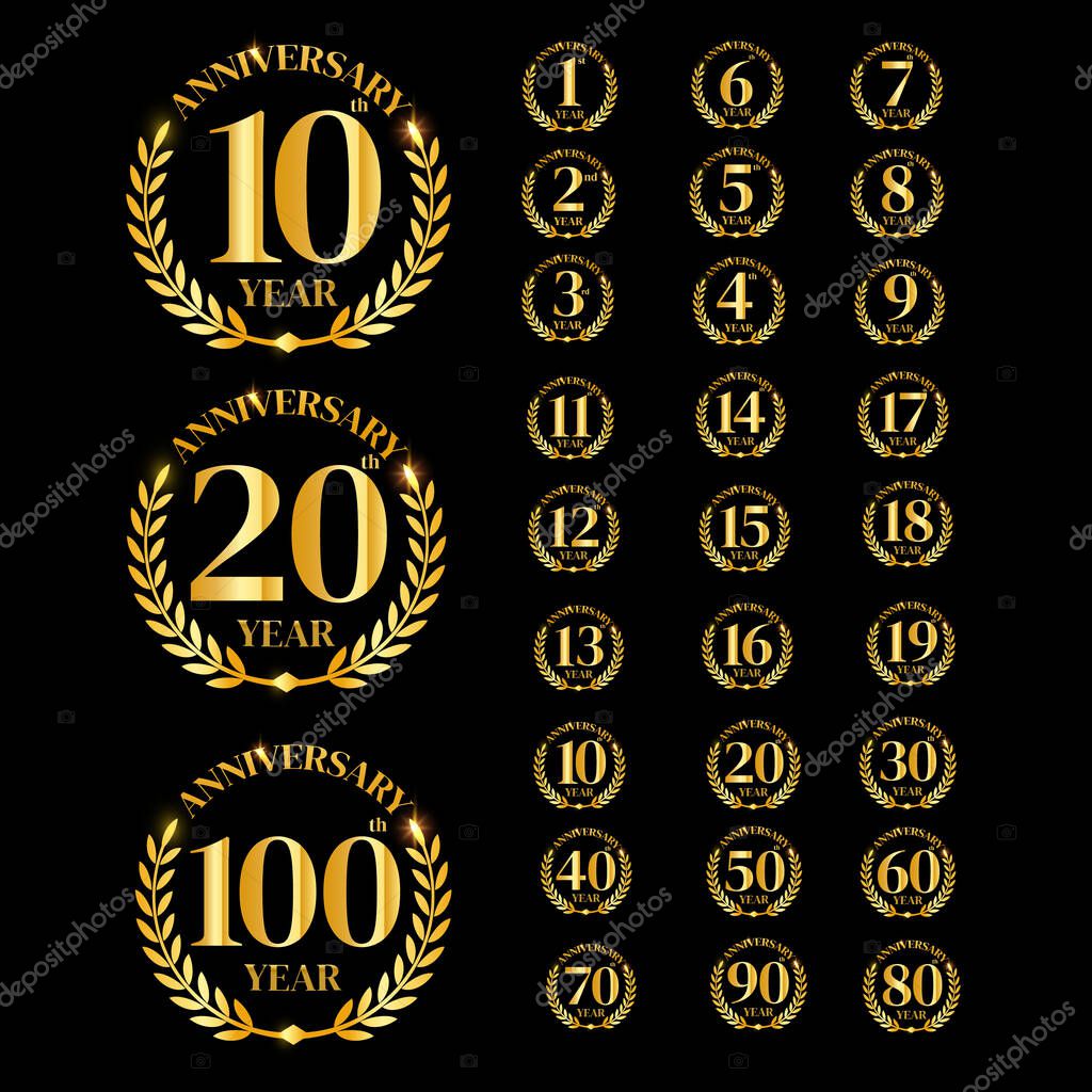 conjunto de logotipo de aniversario de oro, Vector números de oro. 1, 2, 3, 4, 5, 6, 7, 8, 9, 10 ...