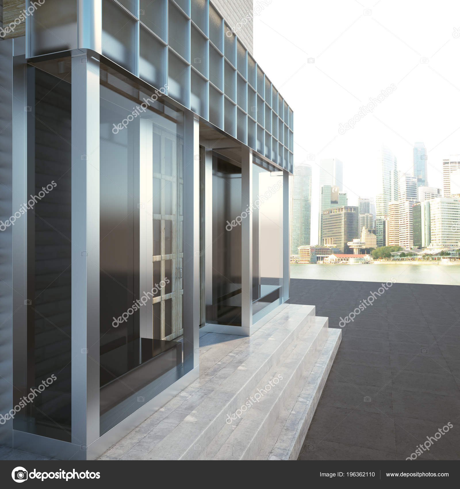 Side View Modern Glass Storefront Exterior City Background Rendering ...