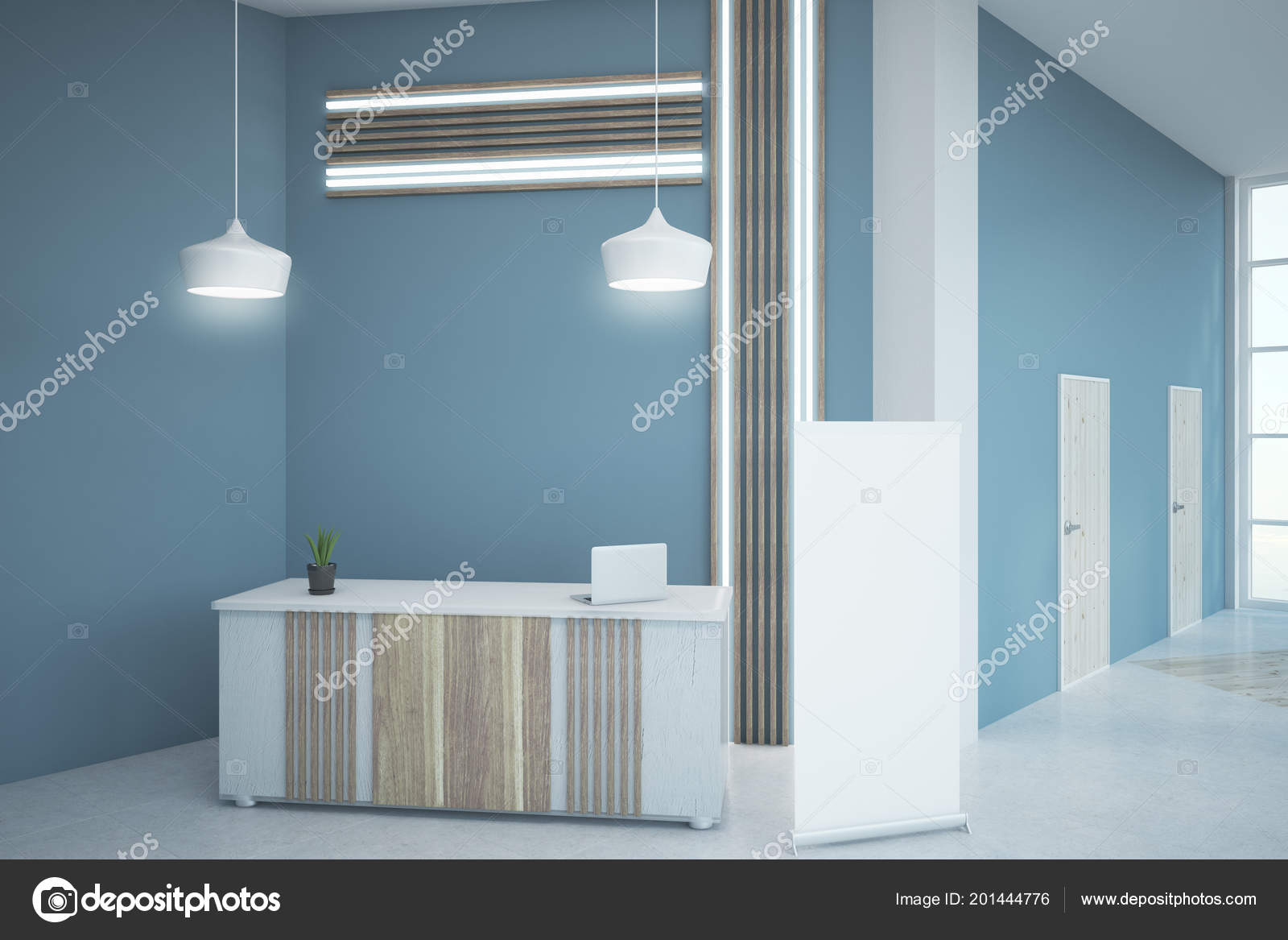 Modern Blue Office Lobby Interior Empty Banner Furniture Mock Rendering ...
