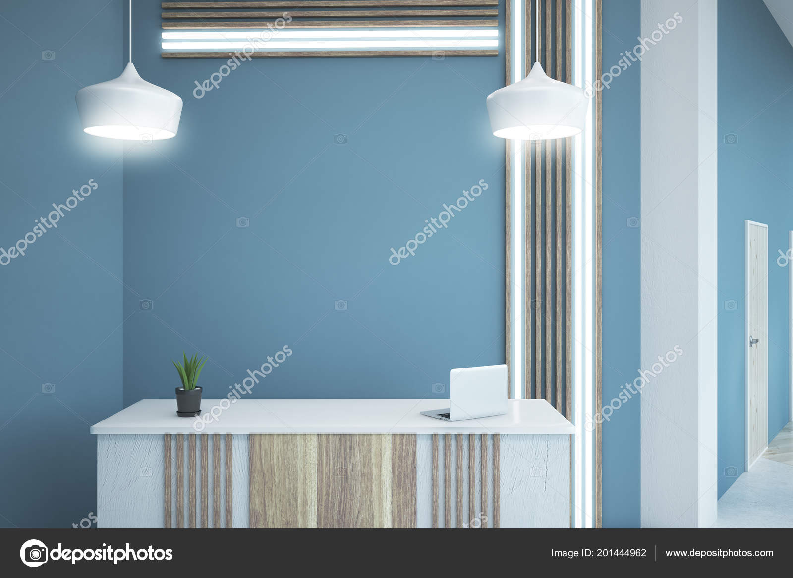 Contemporary Blue Office Lobby Interior Copy Space Furniture Mock ...