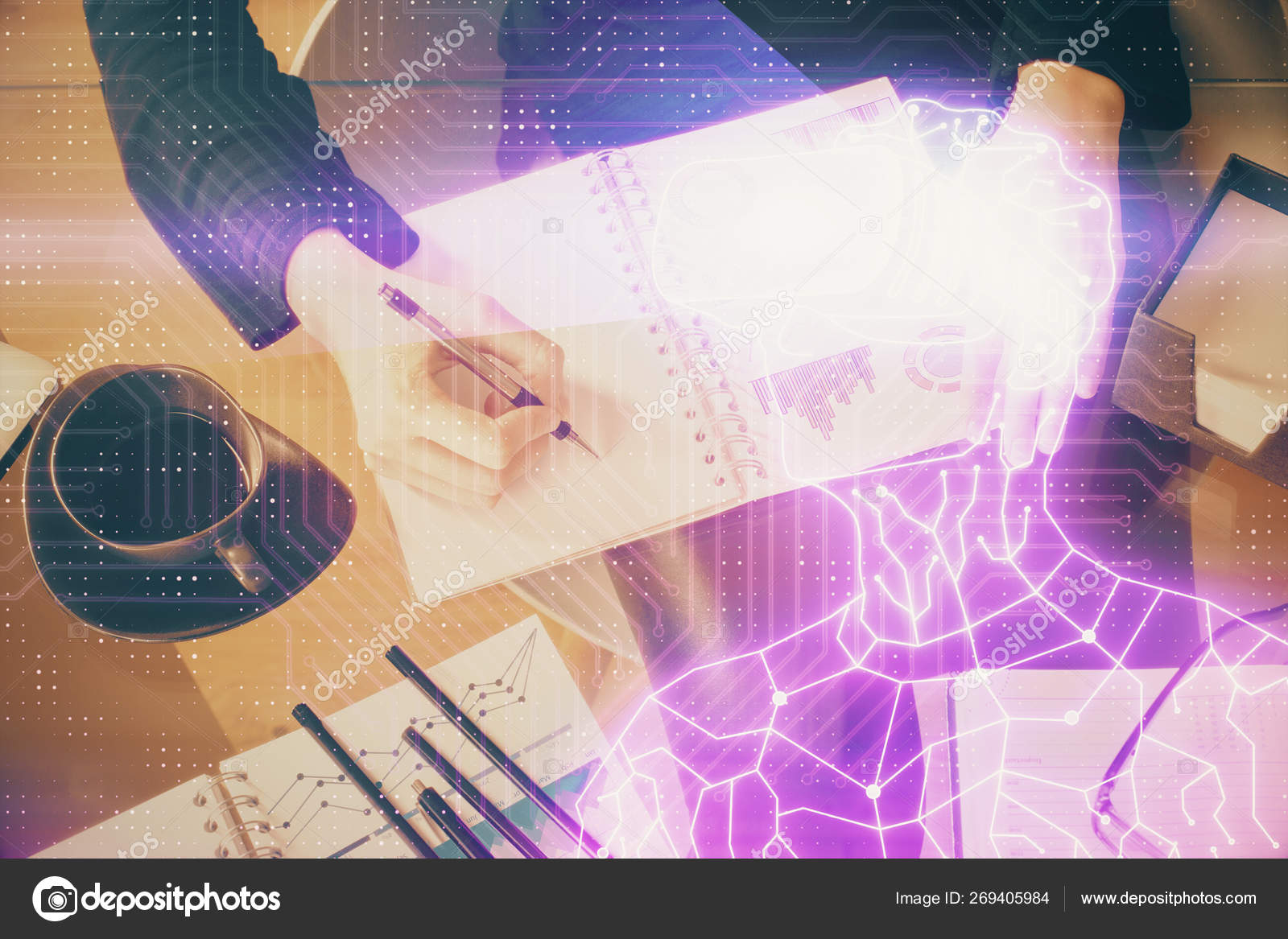 AR hologram over hands taking notes background. Concept of augmented ...