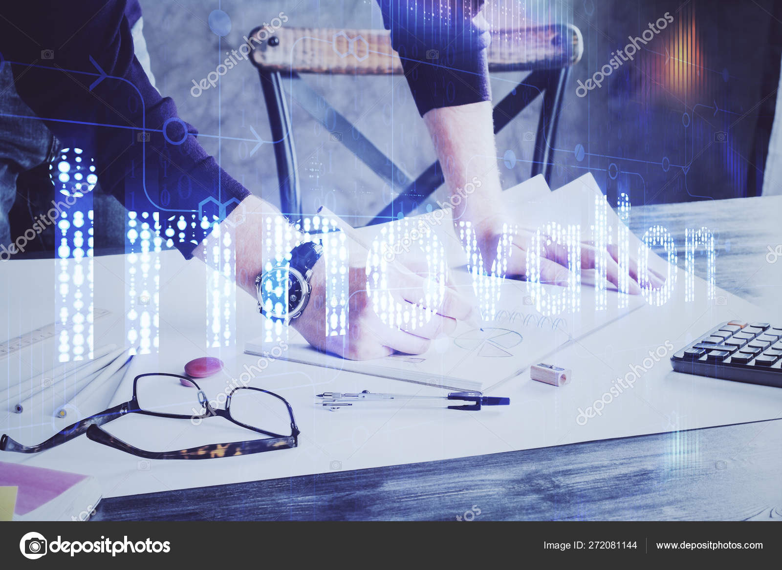 Humans hands with data theme multi exposure background drawings ...