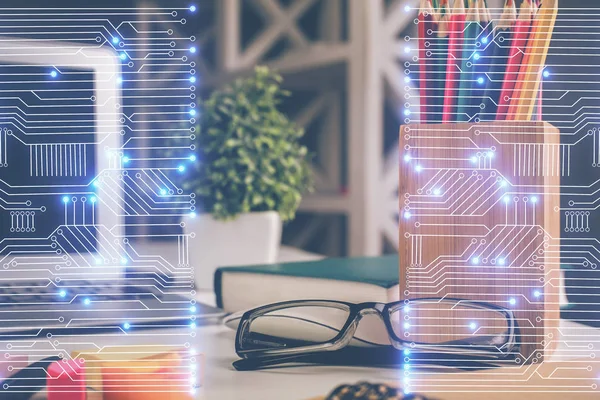 Tech theme hologram with glasses on the table background. Technology ...