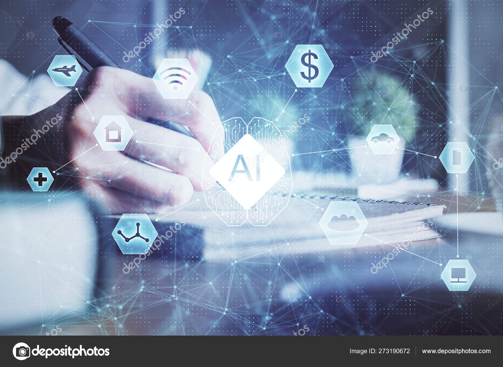 Multi exposure of womans hands on background with technology and ...