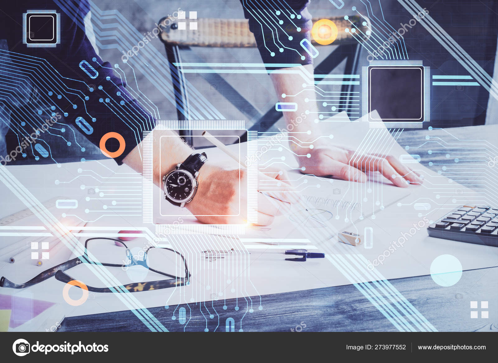 Writing man with technology icons. . Double exposure. Network and data ...