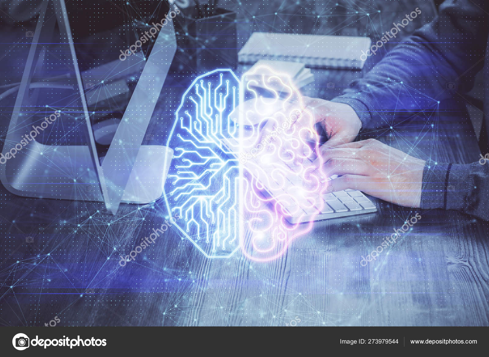 Man typing on keyboard background with brain hologram. Concept of big Data. Double exposure ...