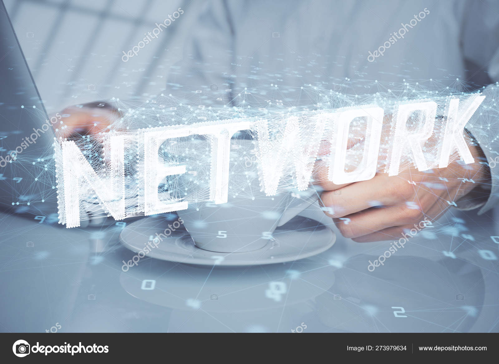 Double exposure of tech drawings with hands working on computer ...