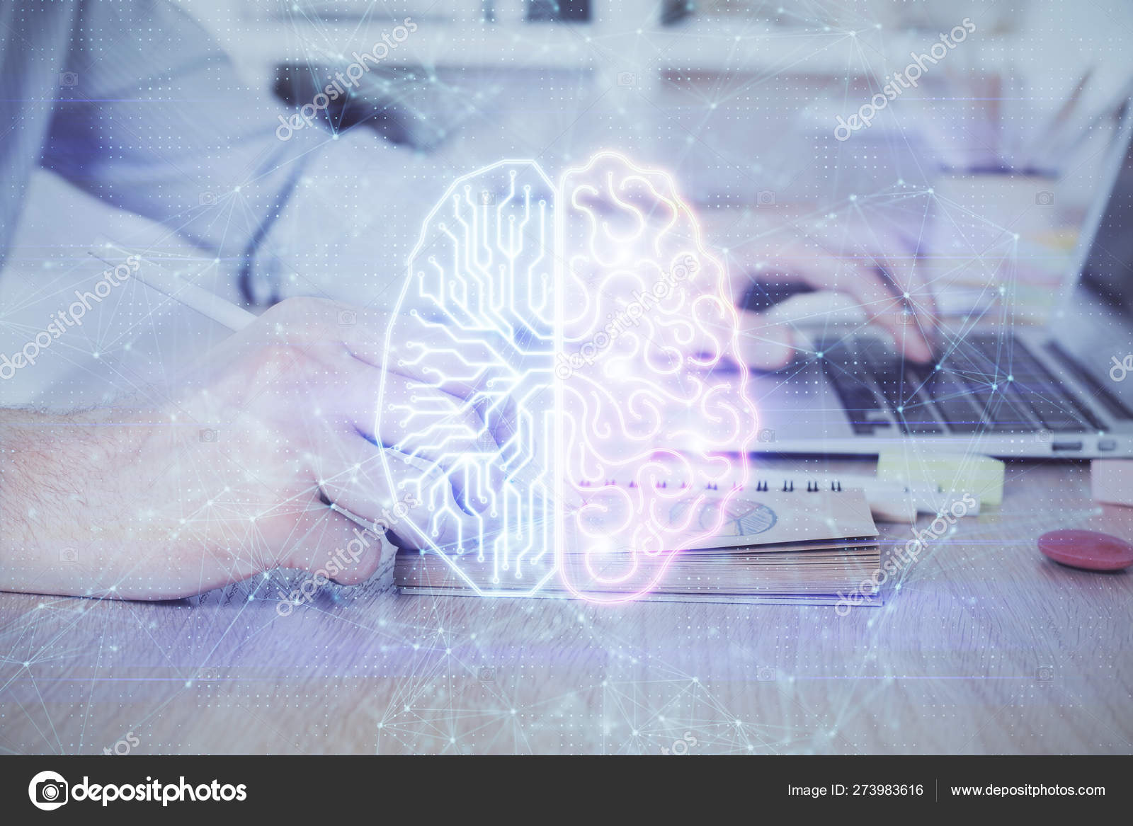 Man typing on keyboard background with brain hologram. Concept of big Data. Double exposure ...